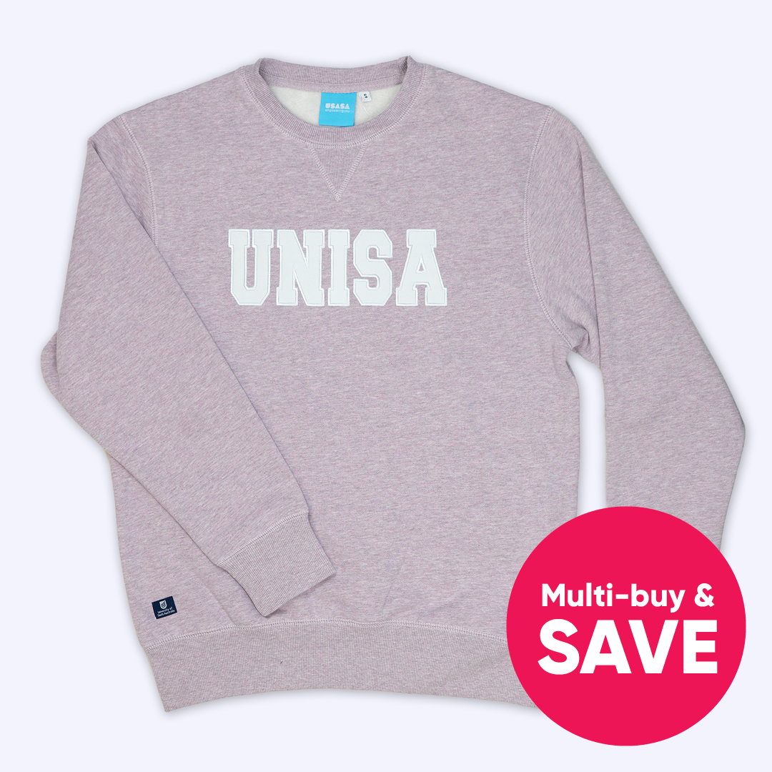 Crew Neck Jumper in Jacaranda- UNISA Block Logo – USASA Shop